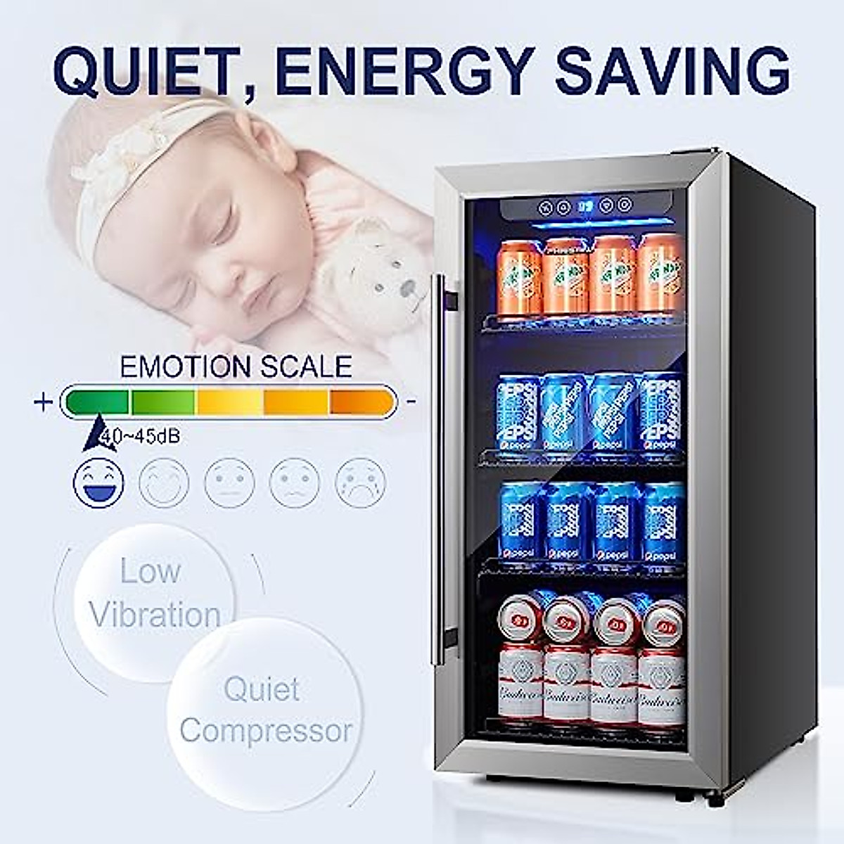 Phiestina Beverage Refrigerator 100 Cans Beverage Cooler 16 inch Mini Juice Beer Fridge Freestanding Low Noise/Auto Defrost Function Glass Door Removable Shelves for Home Bar Office