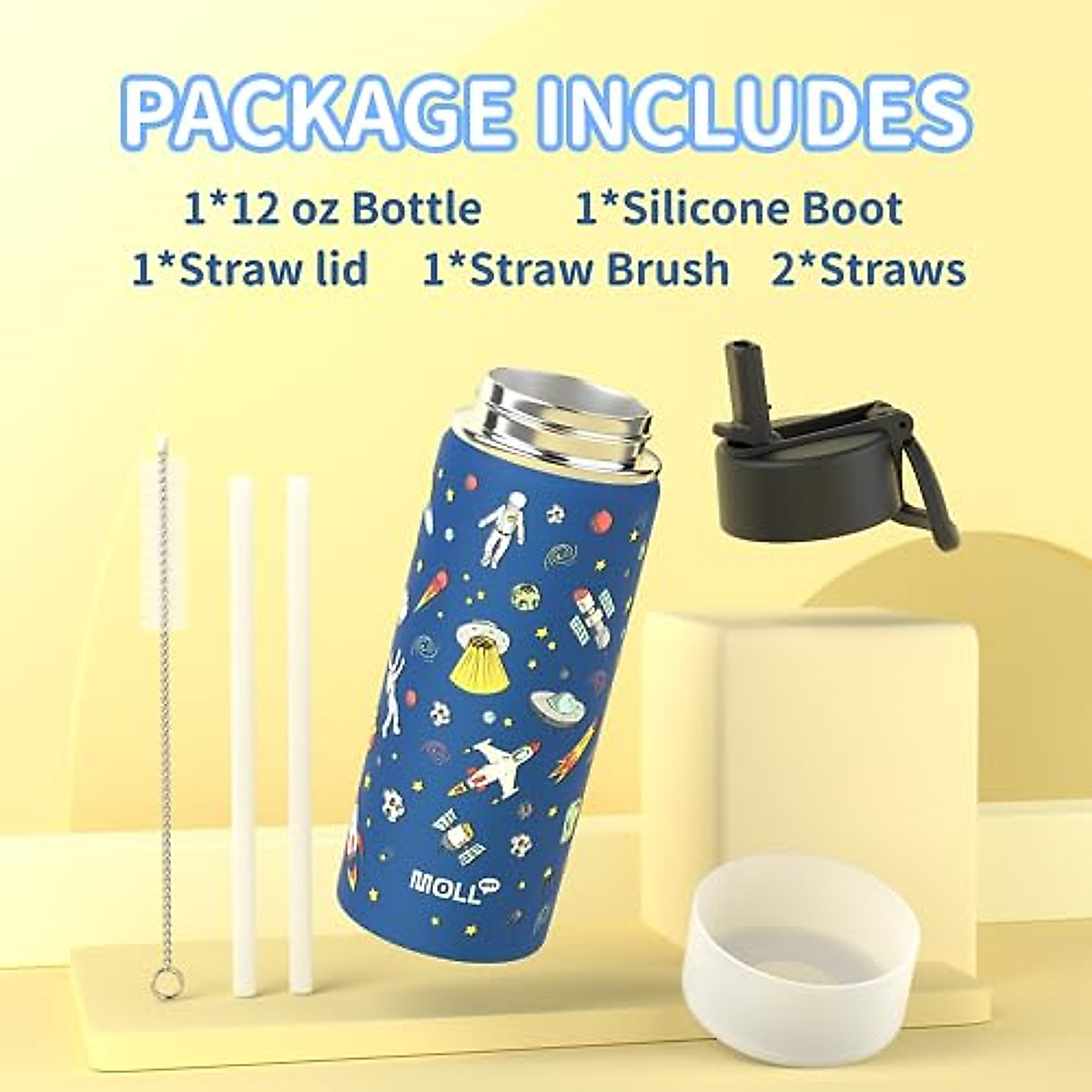 Mollcity 12 oz Stainless Steel Vacuum Insulated Wide Mouth Sports Water Bottle with Straw - Metal Water Flask for Kids for School, BPA-Free-Astronaut