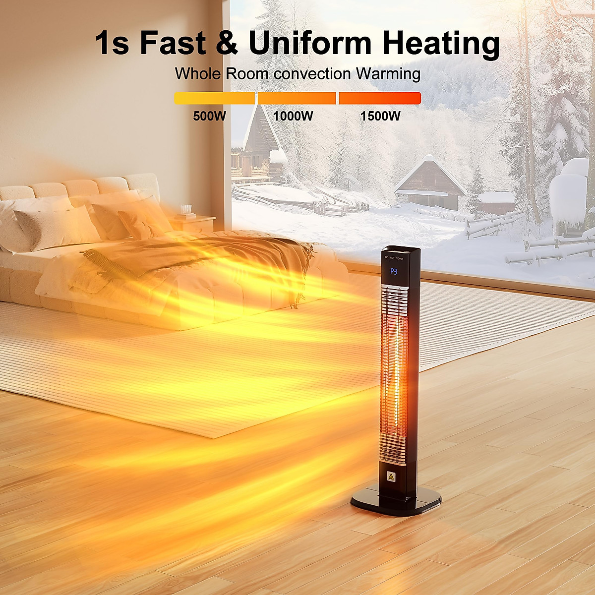 AKIRES Space Heater for Large Room,34IN Portable Electric Tower Heater with IP44 Waterproof,24H Timer,Remote,3 Heating Modes,Infrared Heater for Living Room Bedroom Office Bathroom Indoor Outdoor Use