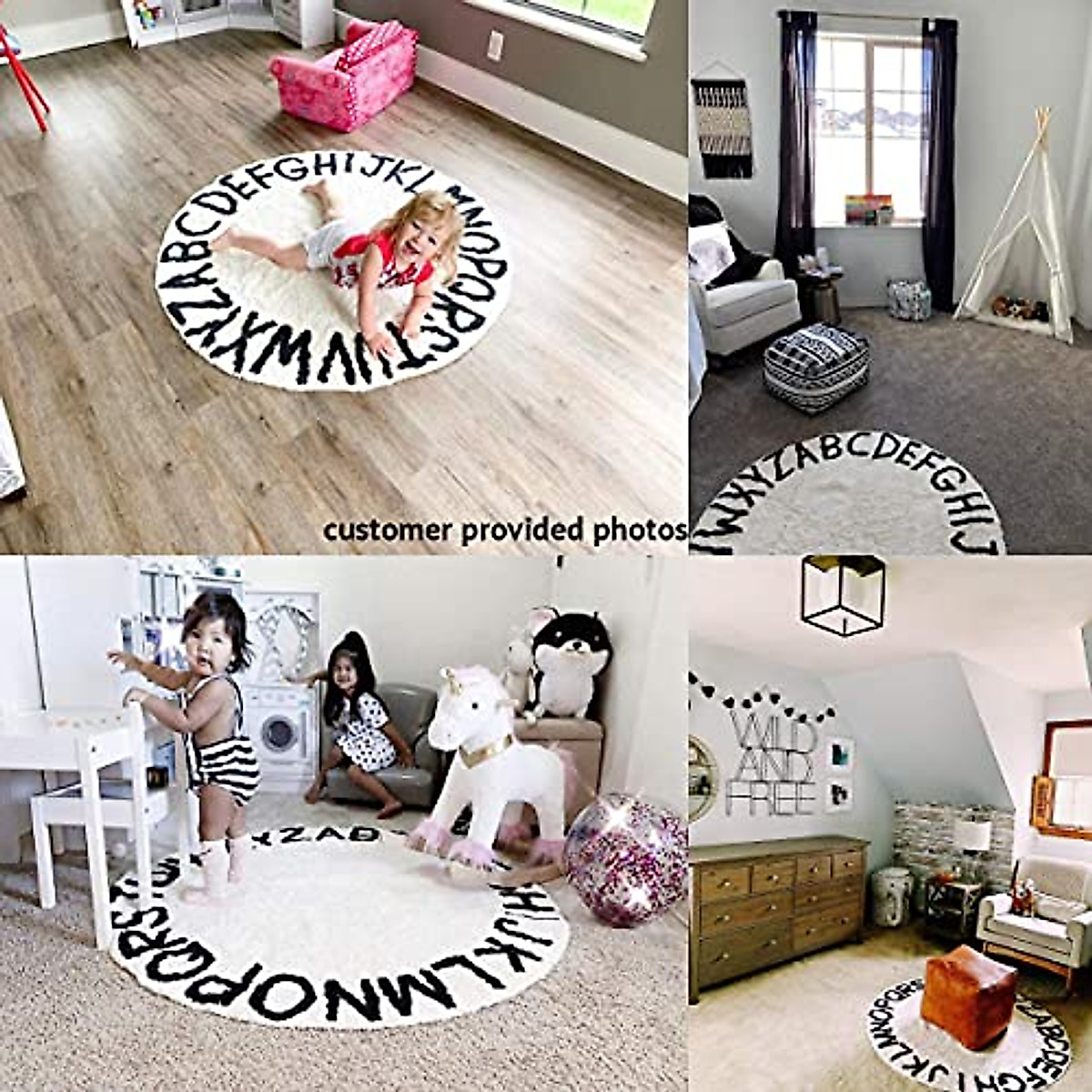 ABC Rug for Kids Room Circle Alphabet Nursery Rug for Baby Boy and Girl - Round Neutral Toddler Playroom Rug, Letter Learning Carpet(47", Black White)
