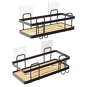 Keebofly Shower Caddy Bathroom Shower Organizer Shelf with Hooks,2 Pack,Shower Rack Self Adhesive Hanging,Rustproof Bamboo Basket,No Drilling Shower Storage Holder for Bathroom Shower Kitchen Black