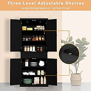 HLR 72" Freestanding Kitchen Pantry Storage Cabinet with Doors and Adjustable Shelves, Pantry Cupboard Cabinet for Kitchen, Bathroom or Hallway, Black