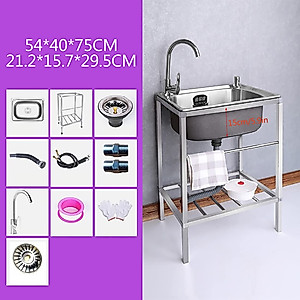 Stainless Steel Single Bowl Kitchen Sink with Stand Free Standing Commercial Restaurant Utility Washing Station Hand Basin Sink Set with Hot Cold Faucet for Laundry Backyard Garage Outdoor (Color : H