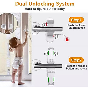 4 Pack, New and Improved Childproof Safety Door Lock, Prevents Toddlers from Opening Doors, BPA Free, 3M Adhesive, Easy to Install, No Drilling Needed.