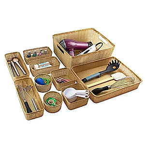 Isaac Jacobs 10-Piece Glitter Plastic Organizer (13.75” x 11.2” x 5.1”) Set w/Cut-Out Handles, Multi-Functional Home Storage, Desk, Office, Bathroom, Bedroom, Closet, Playroom (10-Piece, Gold)