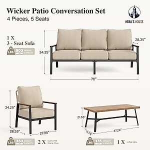 HERA'S HOUSE Patio Furniture Set, 2 x High Back Cushioned Leg Chair, 1 x 3-Seat Sofa with Wood Grain Coffee Table, All-Weather Rattan 5 Seats Outdoor Furniture for Lawn Garden Backyard Deck