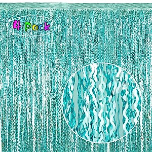 4 Pack 3.3 ft x 6.6 ft Wavy Aqua Teal Blue Tinsel Foil Fringe Curtains Backdrop - Wave Metallic Foil Curtains for Wedding Girl Princess Bachelorette Euphoria Theme Party Decoration