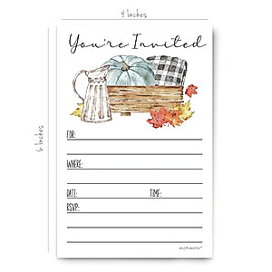 Rustic Fall Harvest Invitations - (20 Count) Autumn Country Watercolor 4x6 Invitations With Envelopes for Bridal, Baby Shower, Wedding, School, Neighborhood & Church Events