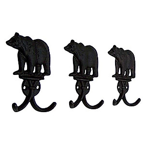 Rustic Black Bear Cast Iron Double Wall Hooks, Set of 3, 5.25 Inches