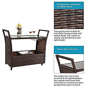 Walnut Outdoor Patio Furniture Set Outdoor Patio Wicker Rattan Serving Bar Cart with Ice Bucket Wine Rack Brown