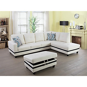 Ainehome Furniture Sectional Sofa Set, Living Room Sofa Set, Leather Sectional Sofa, Black & Ivory White Sofa Set (Right Hand Facing,#3)
