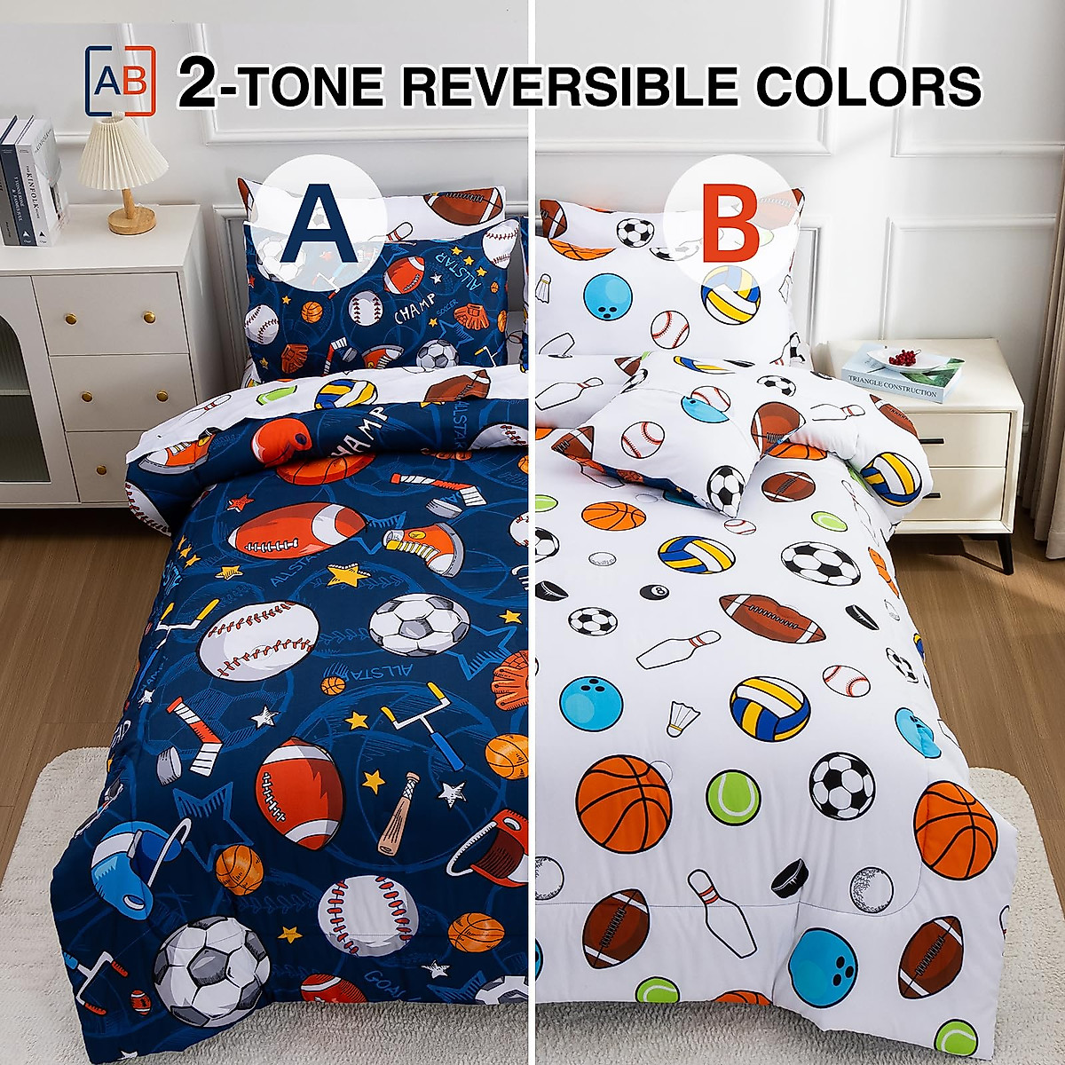 A Nice Night 6Pcs Bed in A Bag Full Sports Microfiber Modern Comforter Set,Navy Rugby Ball Printed Bedding Collections,for Boys Kids Teen