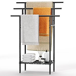 Memobarco 44" Tall Standing Towel Racks for Bathroom, 3 Tier Towel Rack with Basket, Outdoor Towel Rackr Organizer, Metal Pool Towel Rack Freestanding, Bedroom, Living Room, Black