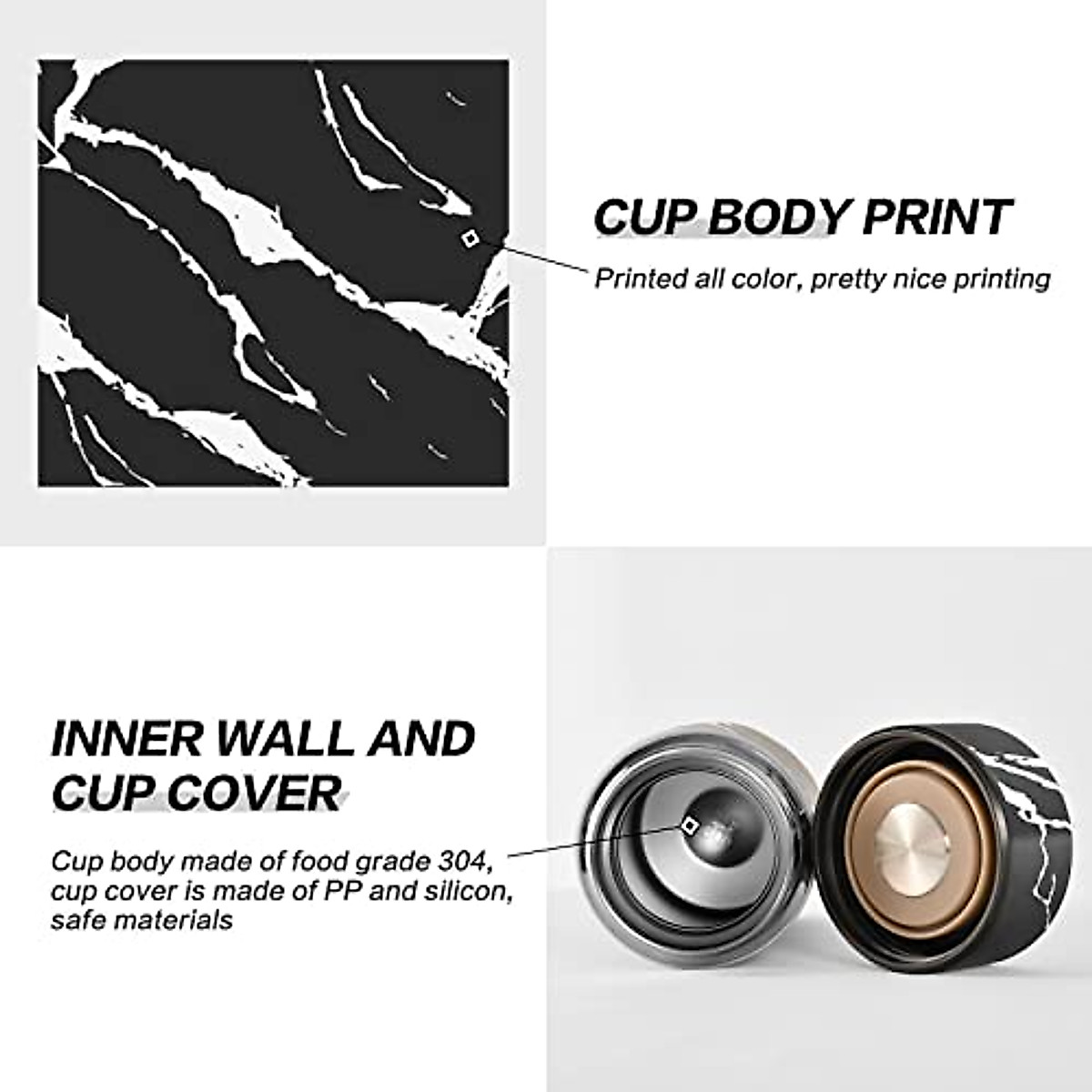 CaTaKu Black Marble White Water Bottle Insulated 16 oz Stainless Steel Flask Thermos Bottle for Coffee Water Drink Reusable Wide Mouth Vacuum Travel Mug