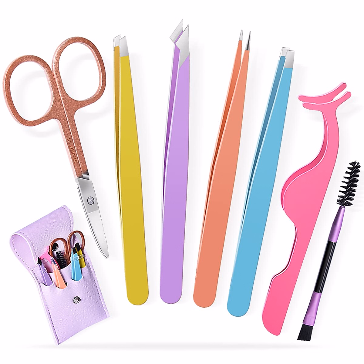 Eyebrow Tweezers Set,Precision Tweezers for Women Eyebrow Grooming Kit with Eyelash Applicator Tool Face Hair Removal Scissors 7pcs in PU Case