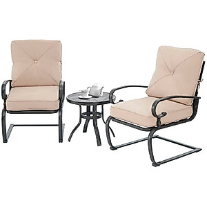 Incbruce Outdoor Furniture 3Pcs Patio Bistro Set, Springs Motion Chairs and Bistro Round Table Set, Metal Small Patio Conversation Set with Cushions (Brown)