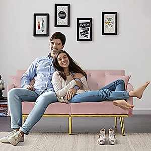 Antetek Convertible Futon Sofa Bed, 59-inch Modern Velvet Sleeper Sofa Small Loveseat with Two Pillows, 3 Adjustable Positions and 6 Golden Metal Legs Furniture for Living Room and Bedroom, Pink