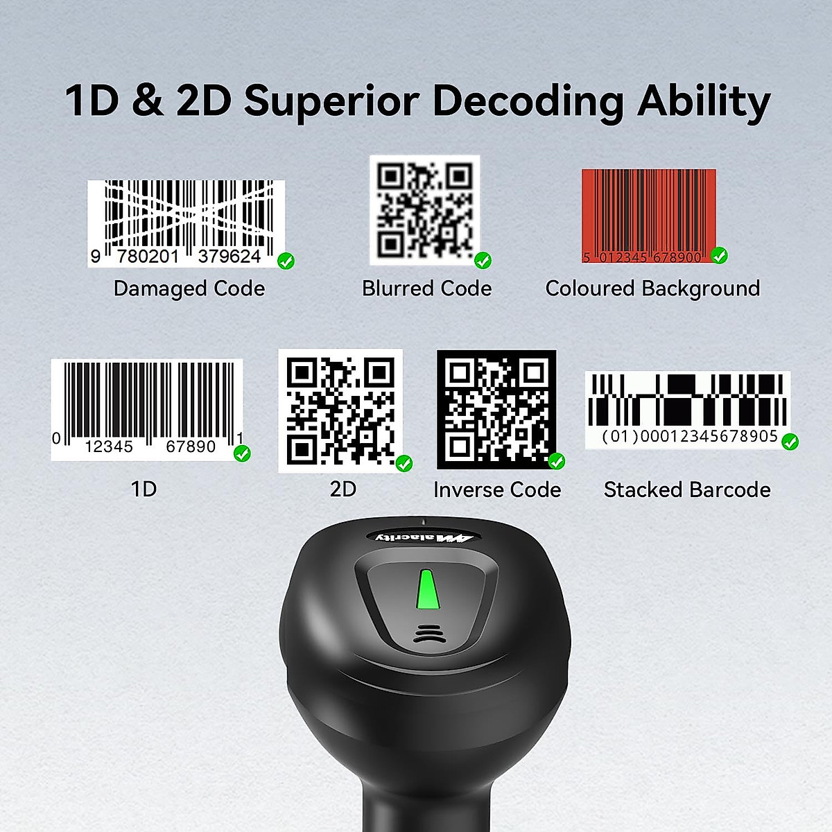 Alacrity 2D 1D Wireless Barcode Scanner with Stand, 3-in-1 Connectivity Bluetooth 2.4G Wireless USB Wired, Barcode Reader with Hands-Free Mode and Vibration Alert, Green