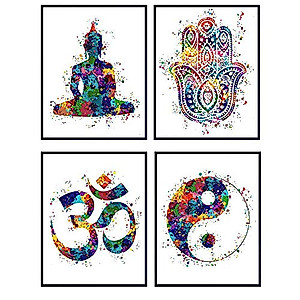 Meditation Zen Wall Art Prints - Unframed Set Of 4 - Buddha, Yin Yang, Om And Hamsa Fatima Hand - Chic Home Decor - Great Gift For Yoga Fans – Ready Frame (8x10) Watercolor Photos