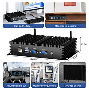 Kinupute Industrial Mini PC, Fanless Desktop Computer Core i7-5500U 2.4-3.0GHz, Windows 10 Pro, 16G RAM, 512G SSD, 2xNICs, 6xCOM RS232, 4xUSB 3.0, HDMI/VGA Ports, Auto Power On, Full Metal Case