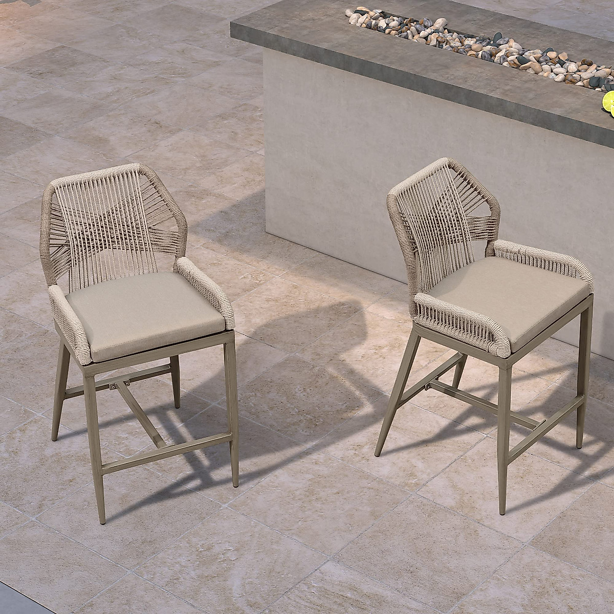 PURPLE LEAF Counter Height Bar Stools Set of 2 Rattan Woven Aluminum Modern Barstools with Back and Arms for Patio Balcony Pool Outdoor Accent Counter Stool Chairs