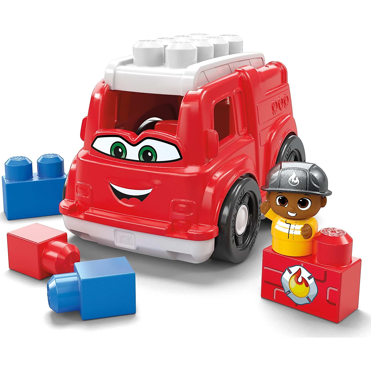 Mega BLOKS First Builders Toddler Building Blocks Toy Set, Freddy Firetruck with 6 Pieces and Storage, 1 Figure, Red, Ages 1+ Years