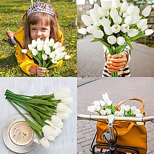 EZFLOWERY 10 Heads Artificial Tulips Flowers Real Touch Arrangement Bouquet for Home Room Office Party Wedding Decoration, Excellent Gift Idea for Mothers Day (10, White)