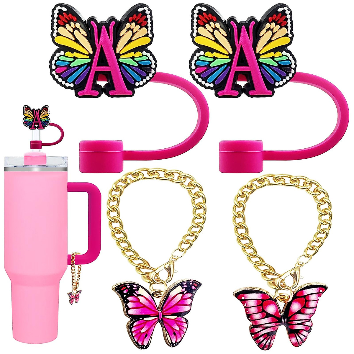 Velaco 4 PCS Butterfly Initial Letter Straw Covers and Butterfly Charm Accessories with Chains for Stanley 20 30 40 oz Tumbler with Handle