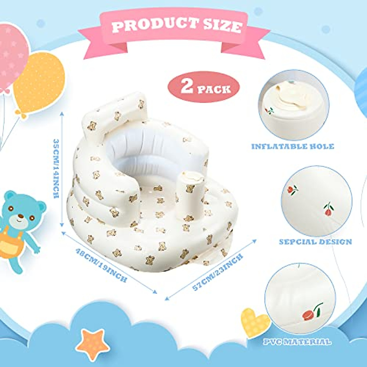 2 Pcs Baby Inflatable Seat for Sitting up 3 Months and up Air Pump Infant Back Support Sofa Summer Sit Me up Floor Seat Portable Sit Me up Chair for Toddlers Shower Gifts for Baby, Bear, Tulip