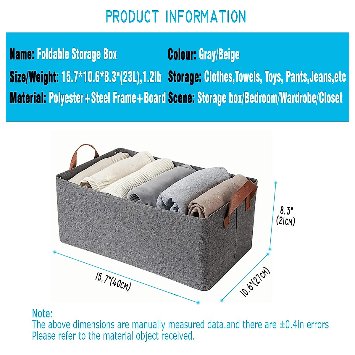 AARAINBOW 4 Pcs Closet Clothes Organizer Bins, Fabric Storage Box with Steel Frame Stackable Shelf Storage Baskets Large, Fabric Storage Baskets Foldable Closet Shelf Storage Containers, 23L (4 Gray)