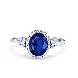 Simulated Blue Sapphire Cubic Zirconia Size-12 Halo Art Deco Oval Wedding Engagement Ring Round Simulated Cubic Zirconia 925 Sterling Silver