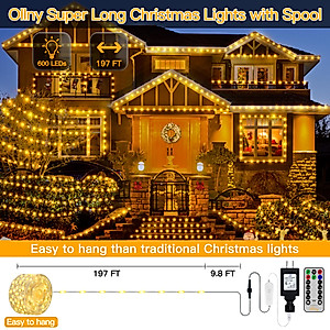 Ollny String Lights 600LED 197FT, Warm White Fairy Lights IP67 Waterproof with Remote 8 Modes Timer Dimmable, Plug in Christmas Lights for Outdoor Indoor House Yard Holiday Decorations