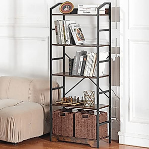 Vagusicc 5 Tier Bookshelf with 2 Storage Baskets, Tall Bookcase Shelf Storage Organizer Wood Book Shelf, Modern Shelf Rack Shelves with Steel Frame, Multipurpose Bookshelf for Bedroom Living Room