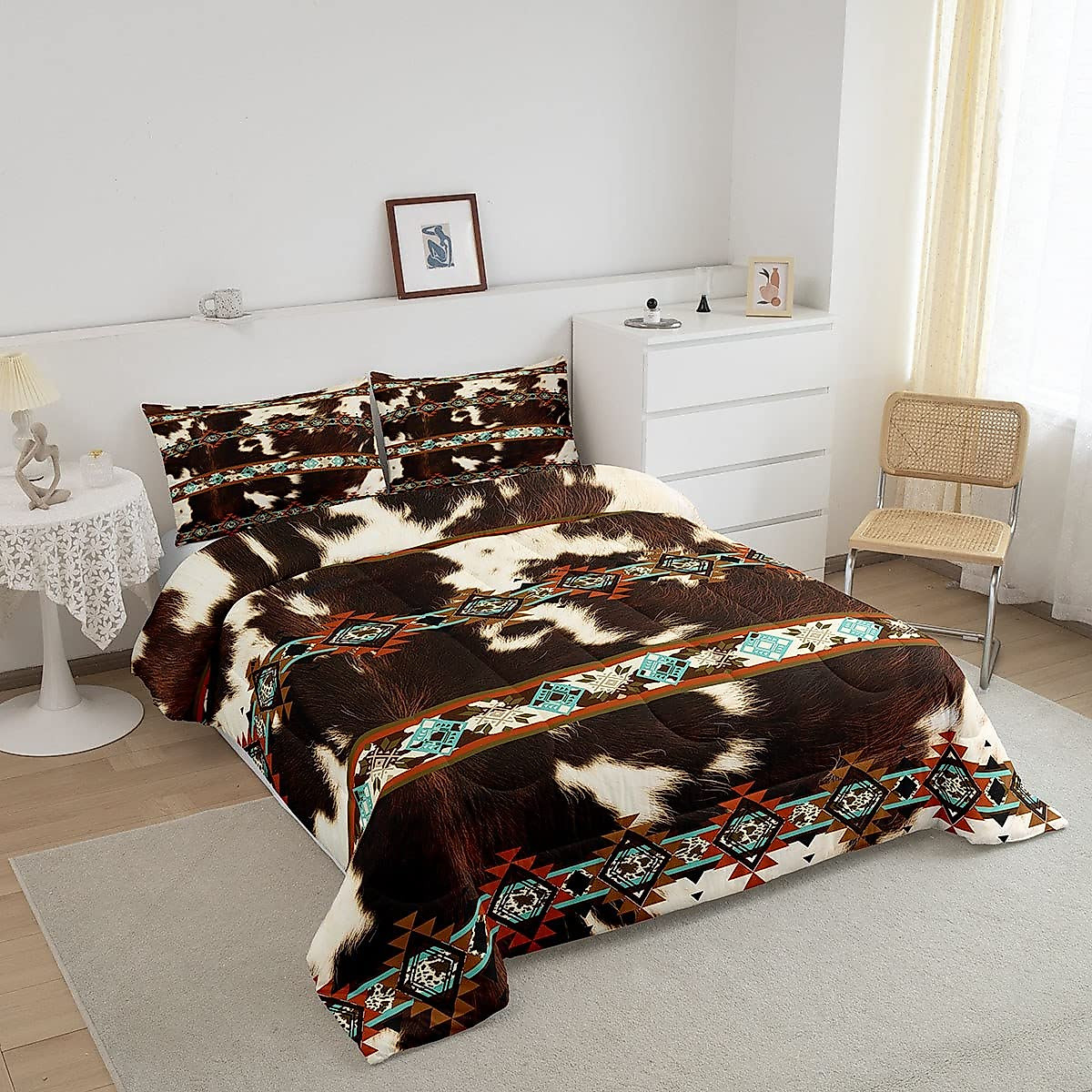 Erosebridal Cowhide Quilt Brown Highland Cow Print Queen Comforter Set,Western Bedding Set Exotic Aztec Duvet Insert,Farmhouse Wild Animals Longhorn Skin Room Decor Cowboys Gifts for Men