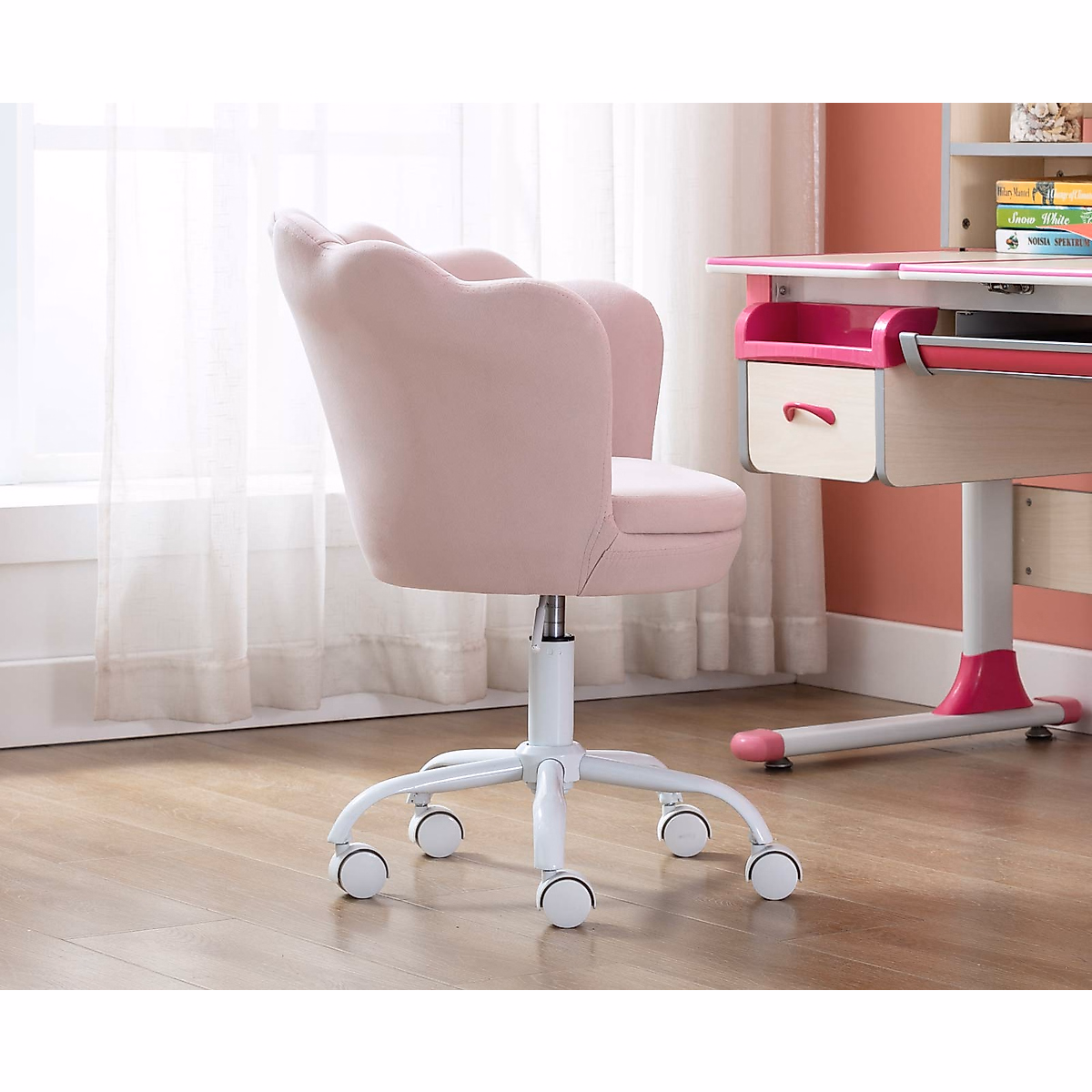 DM Furniture Adjustable Kids Desk Chair Cute Reading Computer Chair for Students Modern Upholstered Velvet Swivel Rolling Armchair for Girls Bedroom, Seashell Back (Light Pink)
