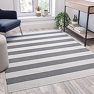 Flash Furniture Melissa Indoor/Outdoor Area Rug - Grey & White - Cabana Striped - 5' x 7' - Stain Resistant