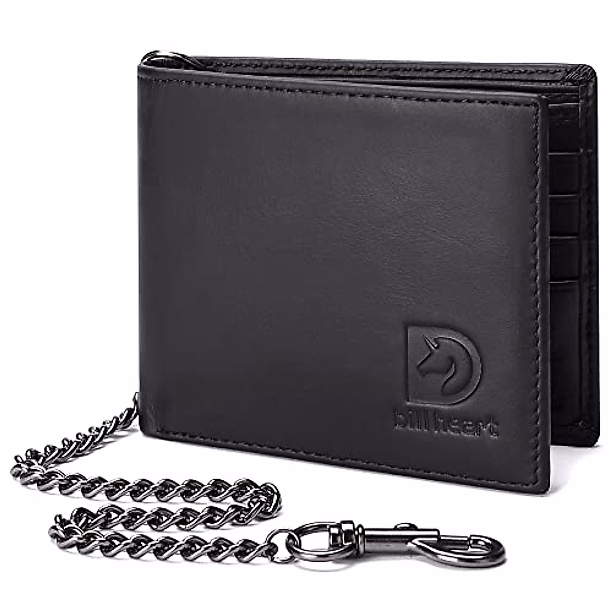 bill heart Chain Wallets for Men, RFID Blocking Genuine Leather Bifold Wallet with Sturdy Chain