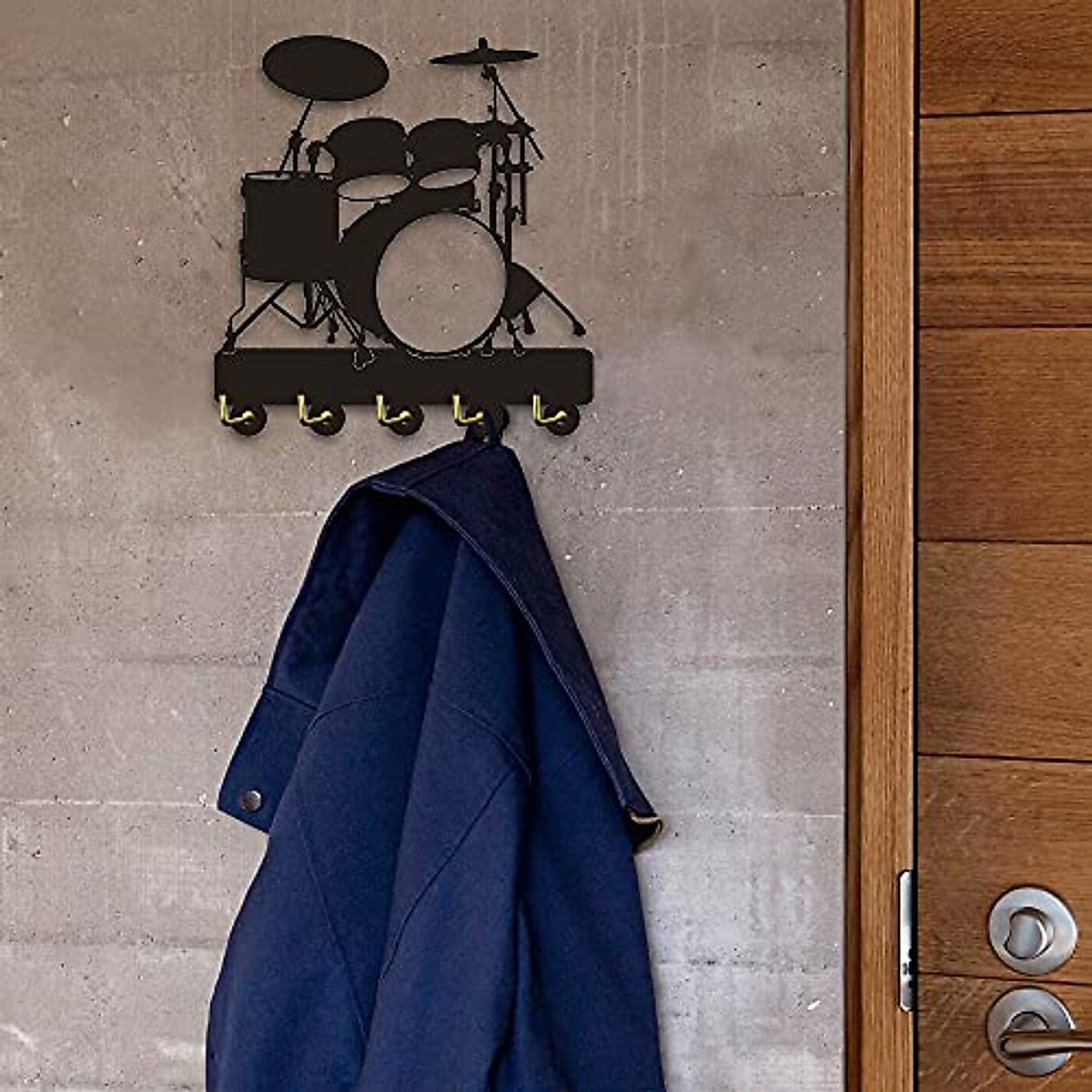 Drum Wall Hook Multi-Purpose Wall Hanger Coat Bags Clothes Keys Holder Heavy Duty Brass 5 Hooks Music Instrument Household Decor Hooks Drummer Gift 30cm