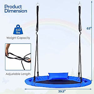 INFANS 660lbs 40 Inch Saucer Tree Swing with Pillow Handle Adjustable Hanging Rope, Round Flying Swing Seat for Kids, Outdoor Round Platform Swing for Backyard Playground Blue