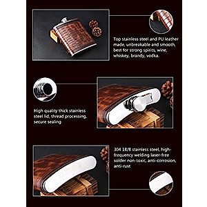 18 oz Crocodile Leather Pattern Large Capacity Brown Stainless Steel Whiskey Liquor Hip Flask with PU Leather Wrapped, TOX TANEAXON