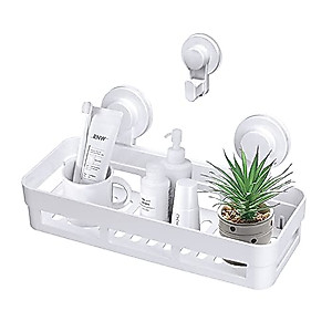 Shower Caddy Suction Cup, Bathroom Vacuum Suction Shower Basket Storage Organizer, Removable Drill-Free Shower Shelf for Shampoo, Body Wash, Plastic Shower Rack for Kitchen & Bathroom (Rectangle)