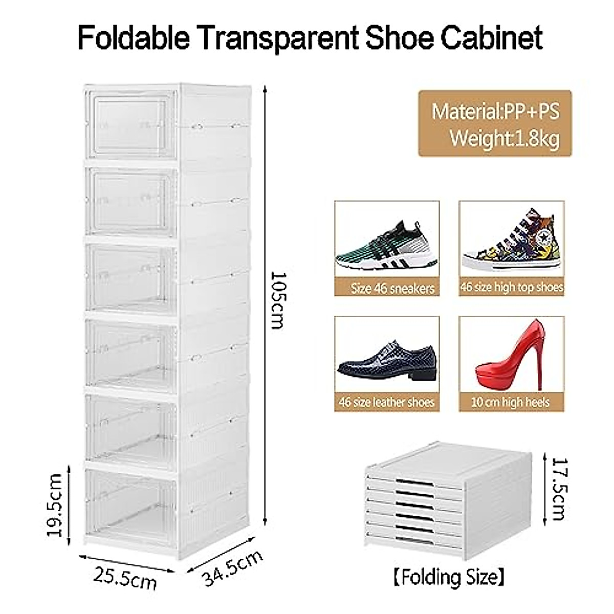 Kewheed Shoe Storage Box 6 PCS, Six-layer Foldable Shoe Boxes Clear Plastic Stackable, Shoe Organizer Containers with Lids, Fit up to US Size 12 for Men/Women, 13.9''x10''x7.7''(White 6PCS)
