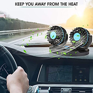HueLiv Car Fan 12V, Electric Car Cooling Fan with 360 Degree Adjustable Dual Head That Plugs into Cigarette Lighter/Low Noise Automobile Vehicle Fan for Car Truck Van SUV RV Boat