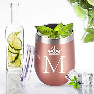 COFOZA Letter M Initial Gifts for Woman Men 12 Oz Stainless Steel Wine Tumbler Drink Cup Monogram Mug Personalized Birthday Wedding Bridesmaid Proposal Engagement Christmas Gift (M)