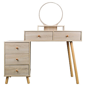 Vintage Vanity Table Dressing Set with Cushioned Stool and 5 Storage Drawers, Wooded Makeup Table with Large Round Mirror for Women Girls Bedroom Small Spaces