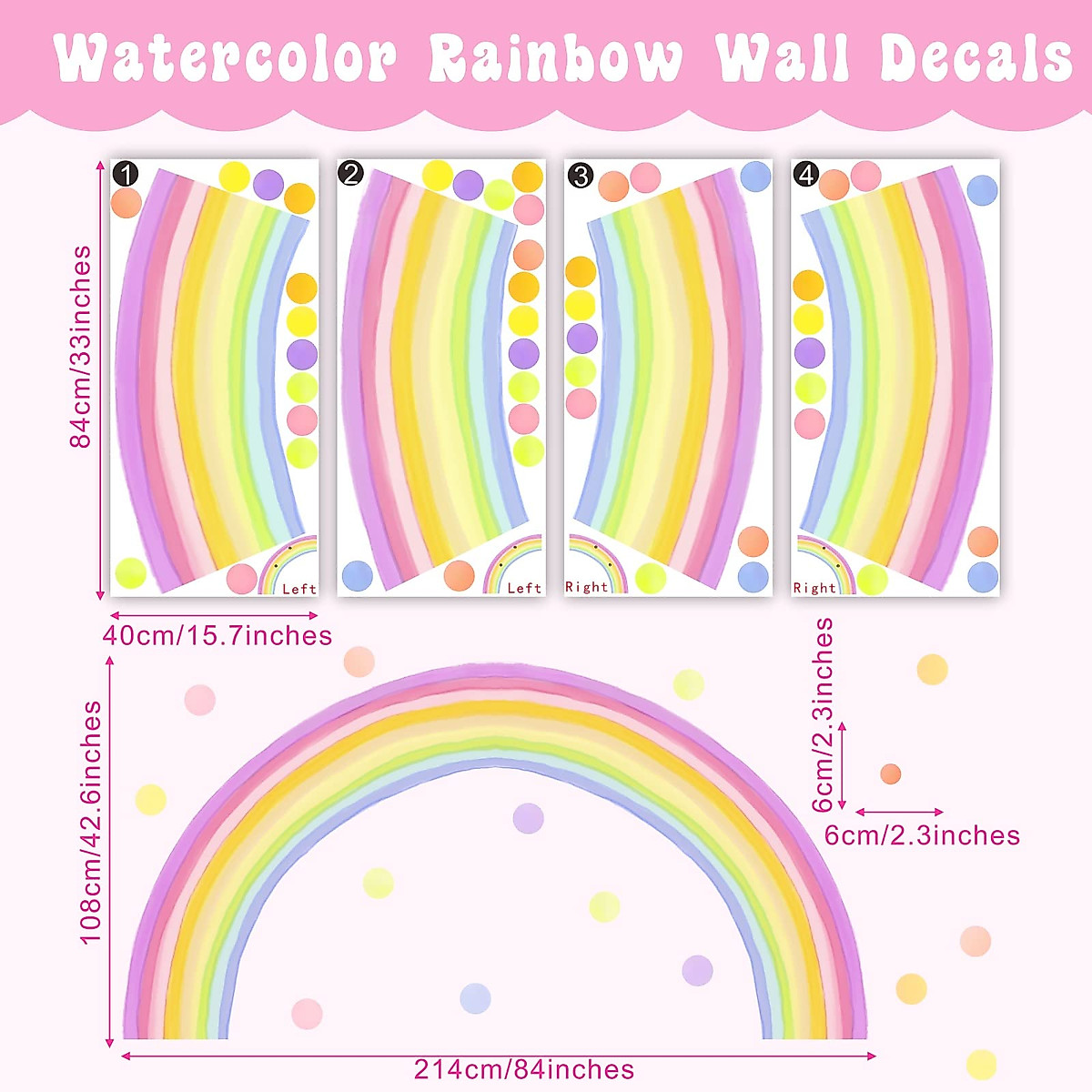 84x42 Inch Extra Large Rainbow Wall Decal Colorful Rainbow Polka Dot Wall Decals Large Rainbow Wall Sticker Fabric Wall Decals Nursery Rainbow Wall Stickers for Kids Rooms Girls Bedroom