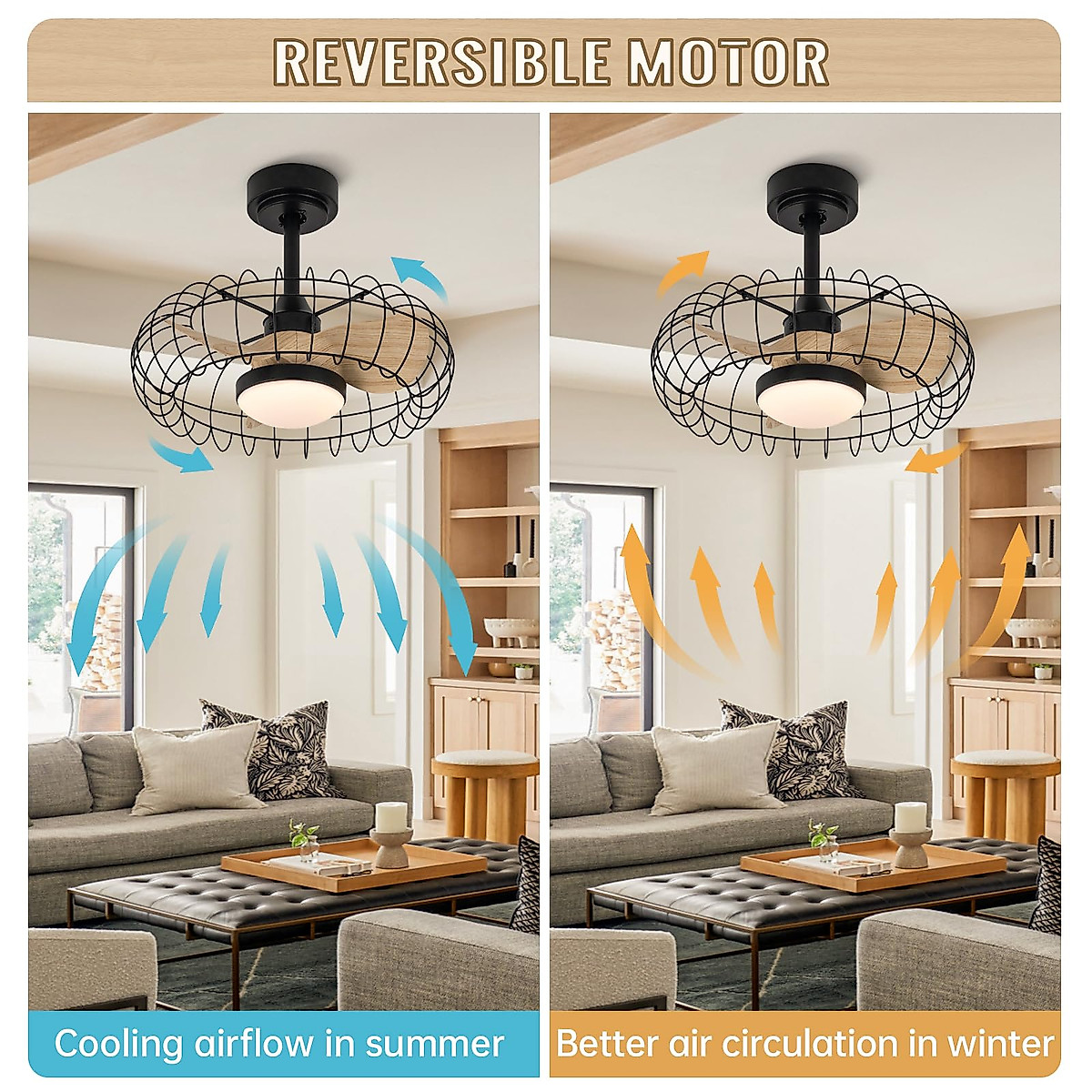 Nogcew Ceiling Fan With Lights and Remote, 20" Caged Ceiling Fans with Light,3-color Temperature,2 Rods, Reversible,Dimmable,Low Profile Ceiling Fan for Dining Room,Bedroom,Living Room