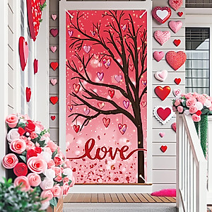 Valentines Love Door Cover Decorations Love Tree Spring Valentines Door Banner Red Pink Love Heart Front Door Hanging Backdrop Banner for Valentine's Day Wedding Anniversary Bridal House Supplies