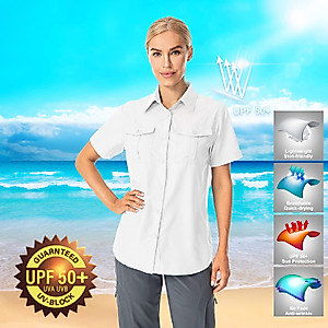 Women's UPF 50+ Short Sleeve Button Down Shirts UV Sun Protection Safari Shirts Quick Dry Outdoor Shirt for Fishing Hiking Travel (5075,White,M)