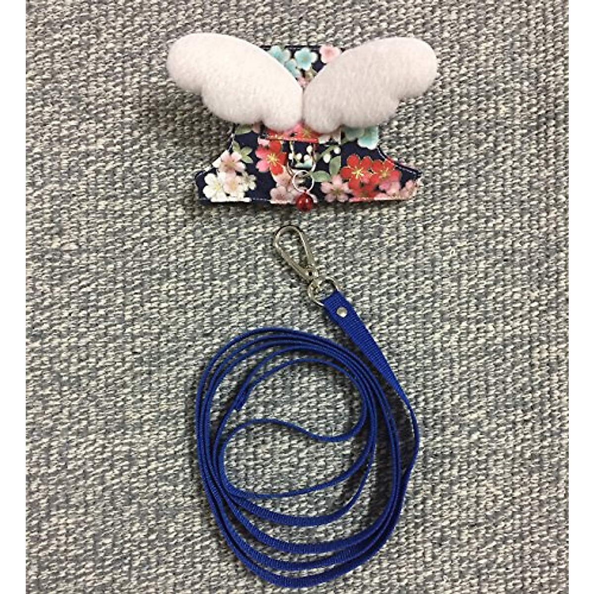 Ferret Harness and Leash Adjustable, Blue Sakura Cotton Cloth Ferret Walking Vest, Soft and Breathable Ferret Lead Leash with Angel Wings and Safe Bell